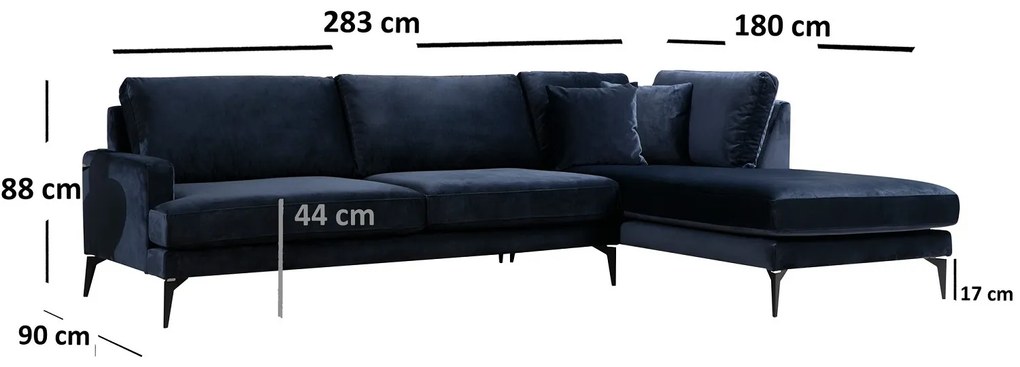 Designová rohová sedačka Fenicia 283 cm tmavě modrá - pravá