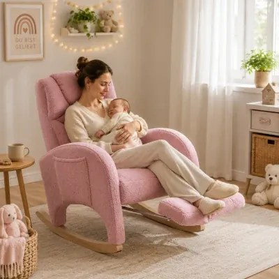 Aosom Houpací křeslo Relax s područkami, čalouněné a ergonomické, do obývacího pokoje a ložnice, 66x96-125,5x99 cm, růžové