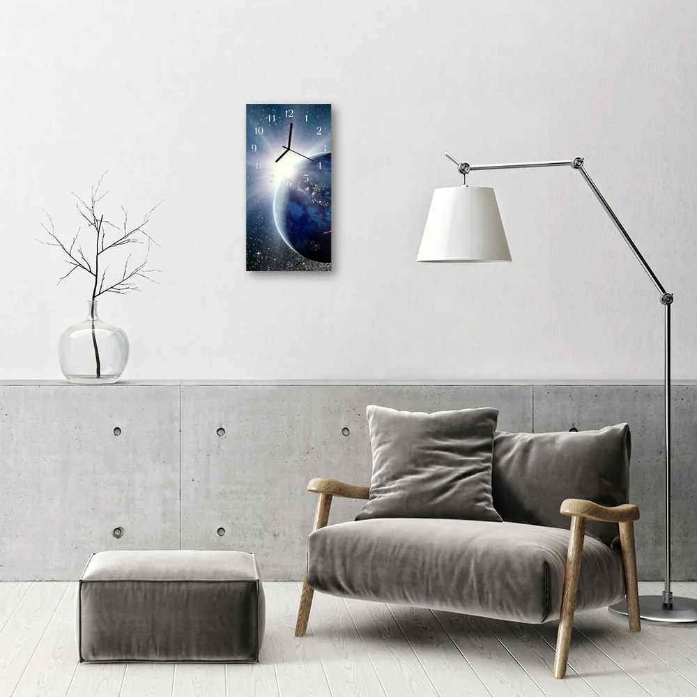 Skleněné hodiny vertikální Planet Universe modrá země 30x60 cm