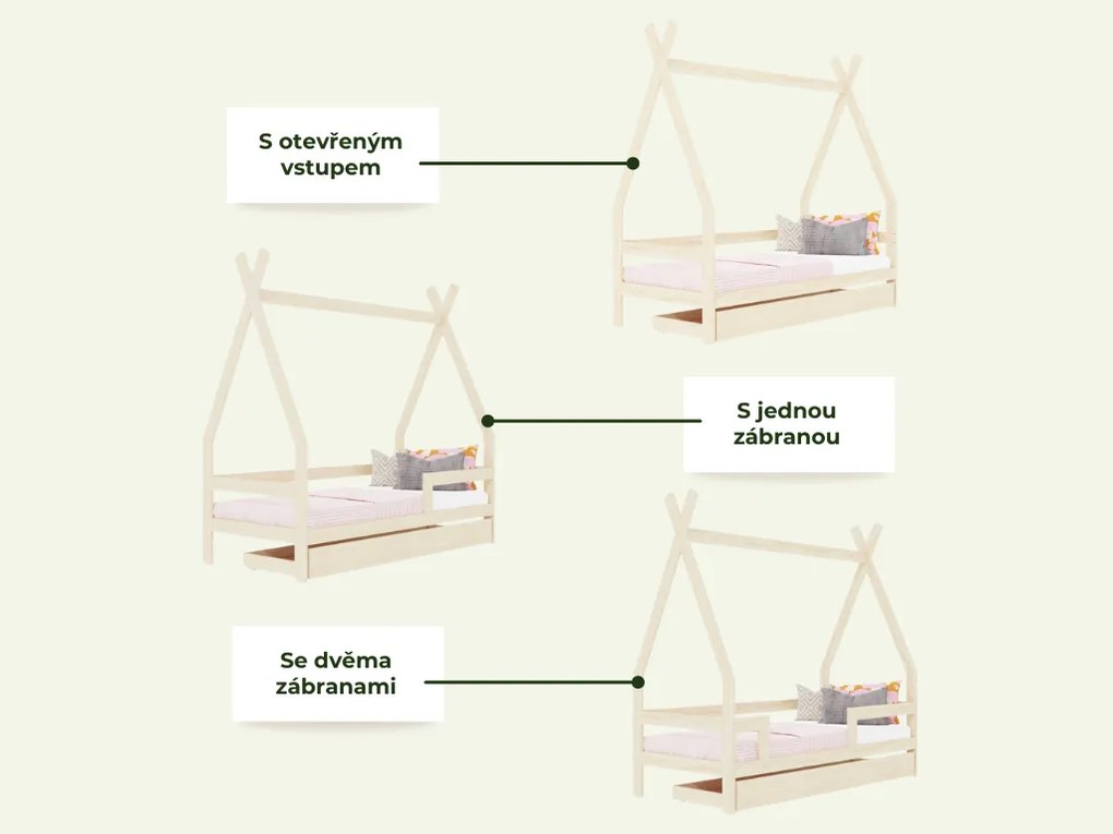 Benlemi Dětská dřevěná postel SAFE 5v1 ve tvaru teepee se zábranou a úložným šuplíkem Zvolte barvu: Béžová, Zvolte rozměr: 90x190 cm, Zvolte zábranu: S otevřeným vstupem