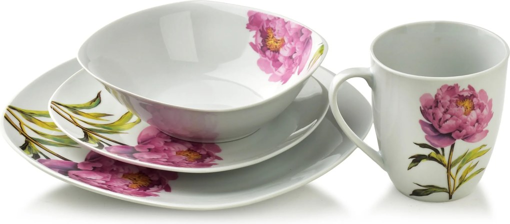 Porcelánová jídelní sada s hrníčkem LEA Peony 16 ks bílá/růžová