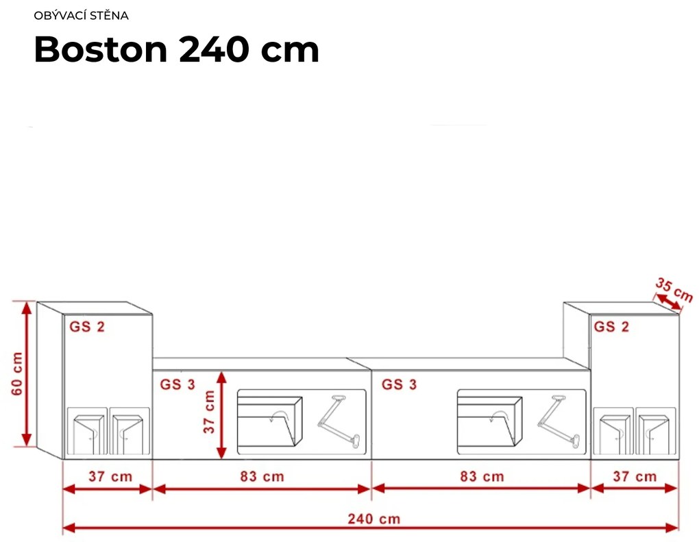Ral Obývací stěna BOSTON 1, 240 cm - Černý lesk