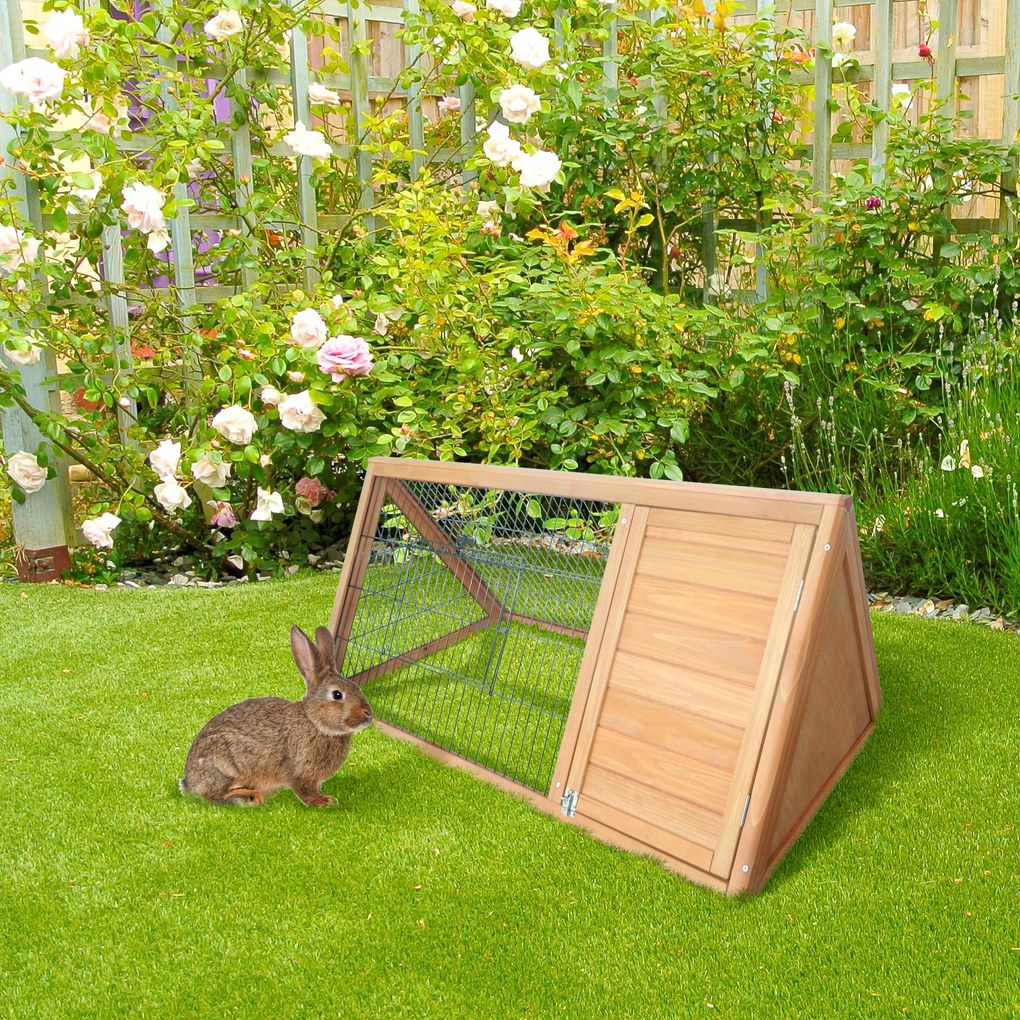 Triangulární králičí kotec PawHut z přírodního dřeva 116x62,2x52,5 cm s dveřmi a drátěnou síťkou