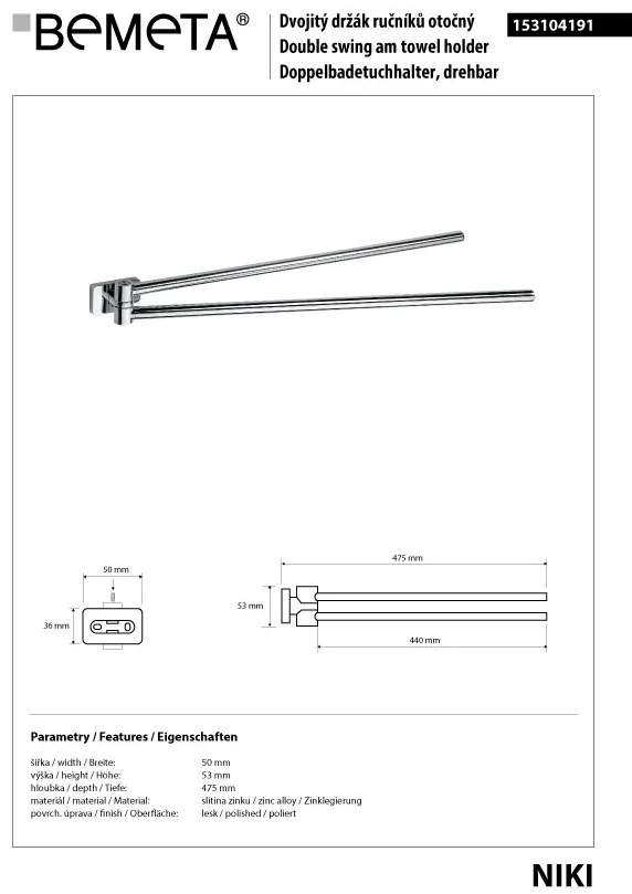 Bemeta Design NIKI: Držák ručníků, 475 mm, dvojitý, otočný - 153104191
