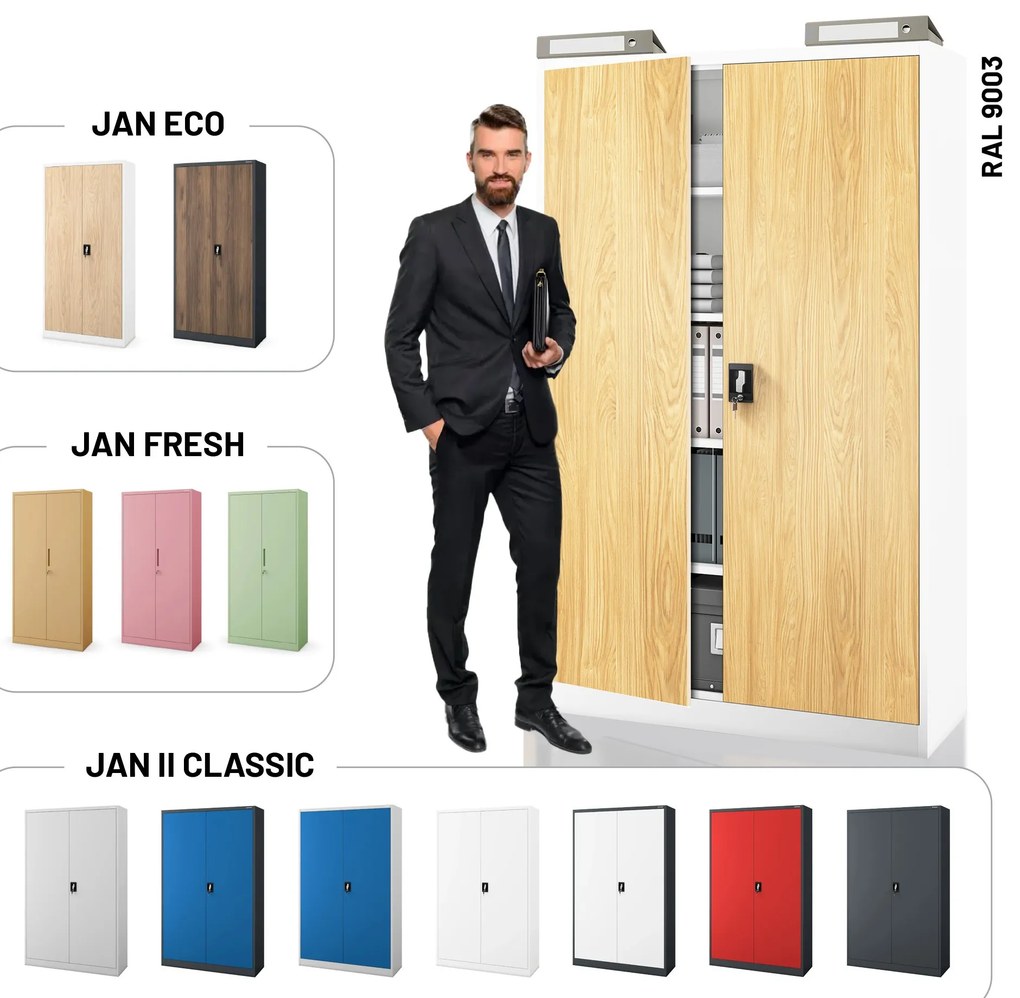 Kovová kancelářská skříň na dokumenty široká bílá bílá/zlatý dub, 1150x1850x400 mm: JAN II Eco Design