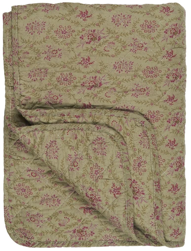 IB LAURSEN Prošívaný přehoz Olive Pink Flowers 130x180 cm, fialová barva, zelená barva, textil