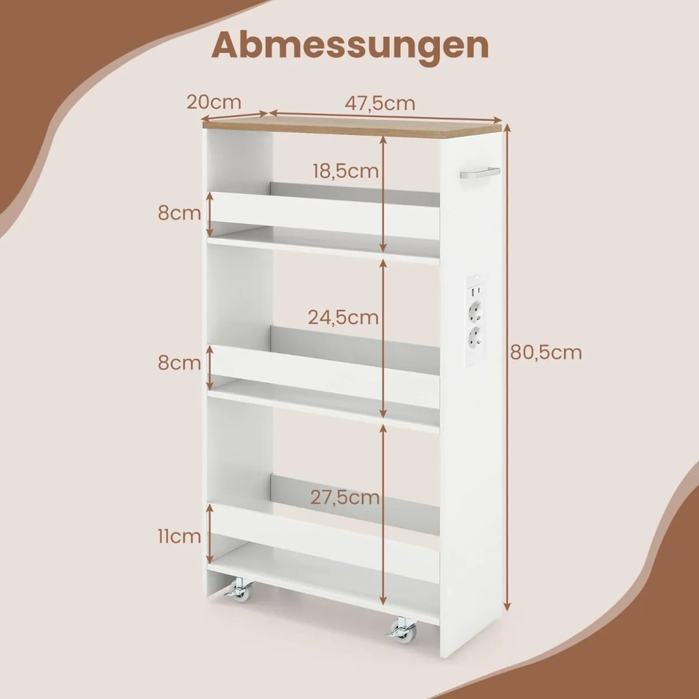 Costway 20 cm široký vozík do výklenku na kolečkách 4 patra úzký kuchyňský vozík