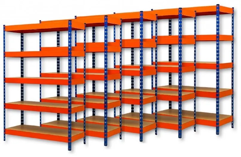 Fistar AKCE - Balíček : 5x Regál 2160x1400x500 mm PROFESIONÁLNÍ lakovaný 5-policový, nosnost 2000 kg - MODRO-ORANŽOVÝ