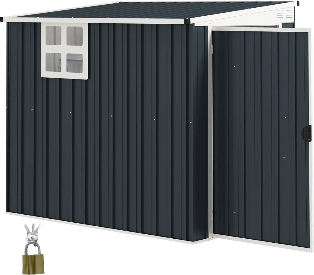 Metalový zahradní přístřešek Outsunny 2.6m² 128x193x181cm s pultovou střechou, oknem a zámkem, odolný proti počasí pro zahradní a venkovní použití Tma
