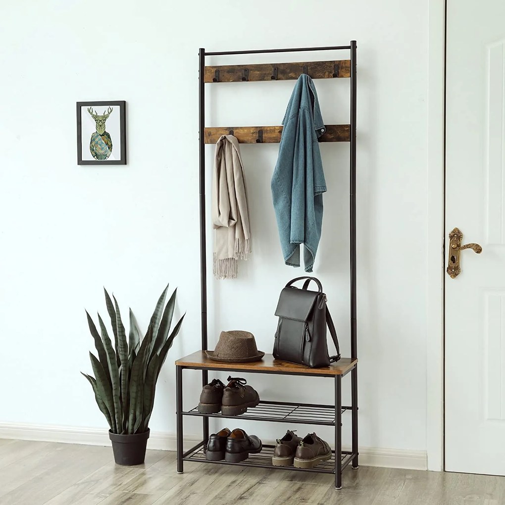 Předsíňový věšák s botníkem Houseland Herry hnědý/černý