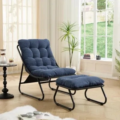 Aosom Venku lounge křeslo s podnožkou, polštářek, pásková tkanina, ocelový rám, námořnická modř
