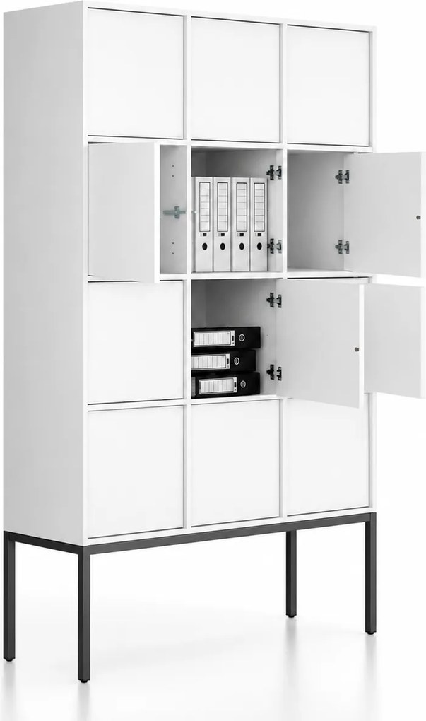 Kancelářská skříň FRAME, černá podnož, 12x dveře, 1299 x 450 x 2185 mm, PUSH-lock, bílá