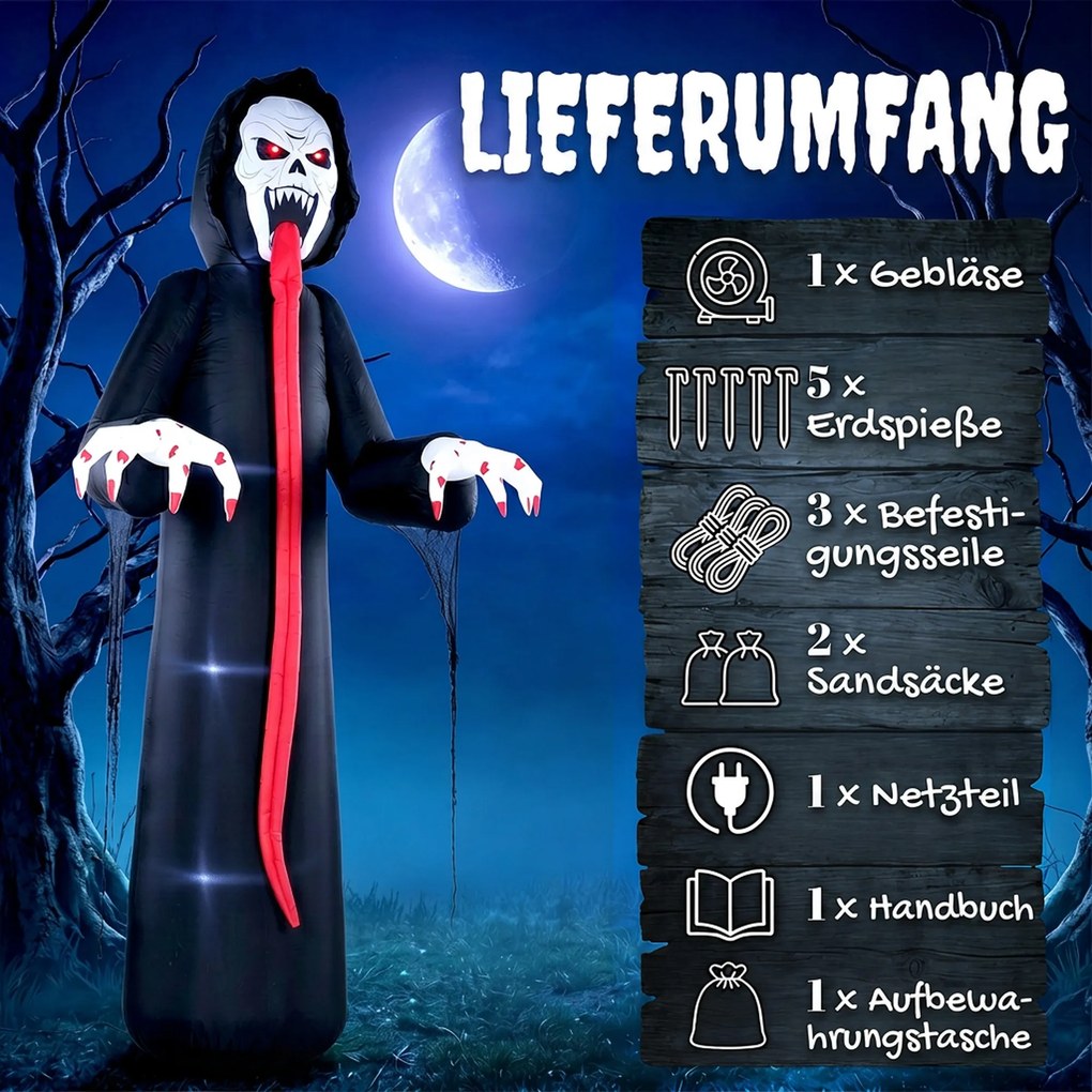 Outsunny Nafukovací Halloween kostlivec, 310 cm, s integrovanými LED světly, strašidelná dekorace pro vnitřní i venkovní použití