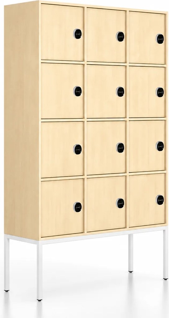Kancelářská skříň FRAME, bílá podnož, 12x dveře, 1299 x 450 x 2185 mm, RFID zámek, bříza