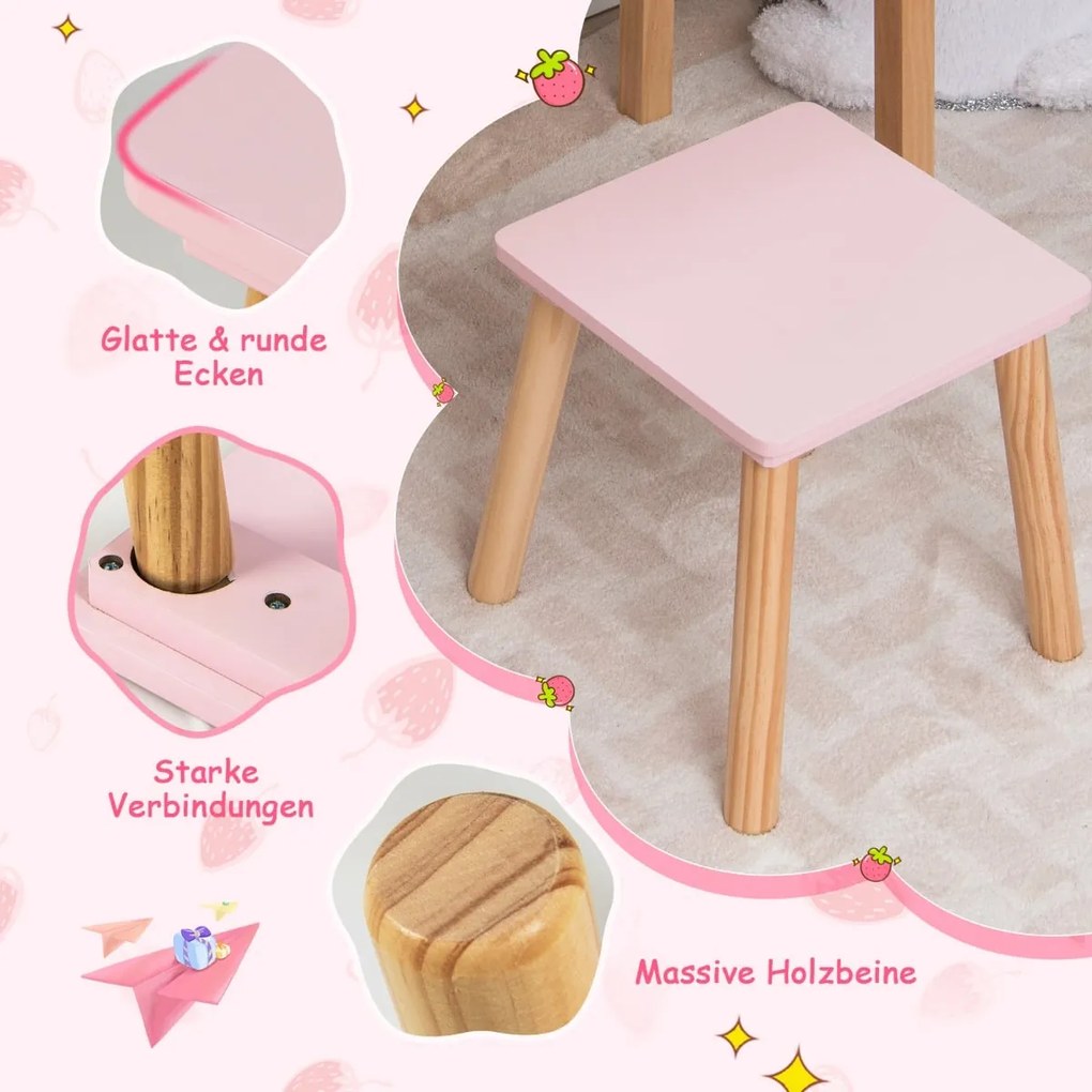 Costway Dřevěná 2 ve tvaru jahody v 1 Dětská make-upová sada se stoličkou