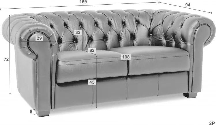Kožená pohovka CHESTERFIELD - 2P, šedá (Rimini)