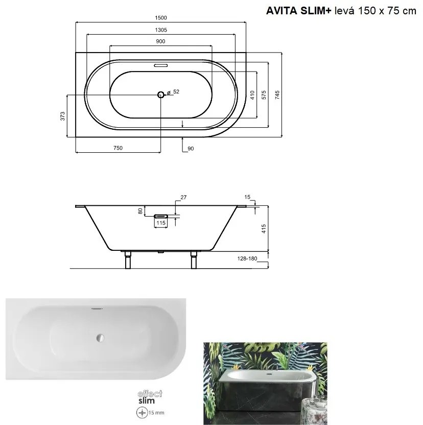 BESCO Asymetrická vana AVITA SLIM+ Nožičky k vaně - Bez nožiček, Rozměr vany - 150 × 70 cm, Způsob provedení - Levé VANAVIT15SLIMLP