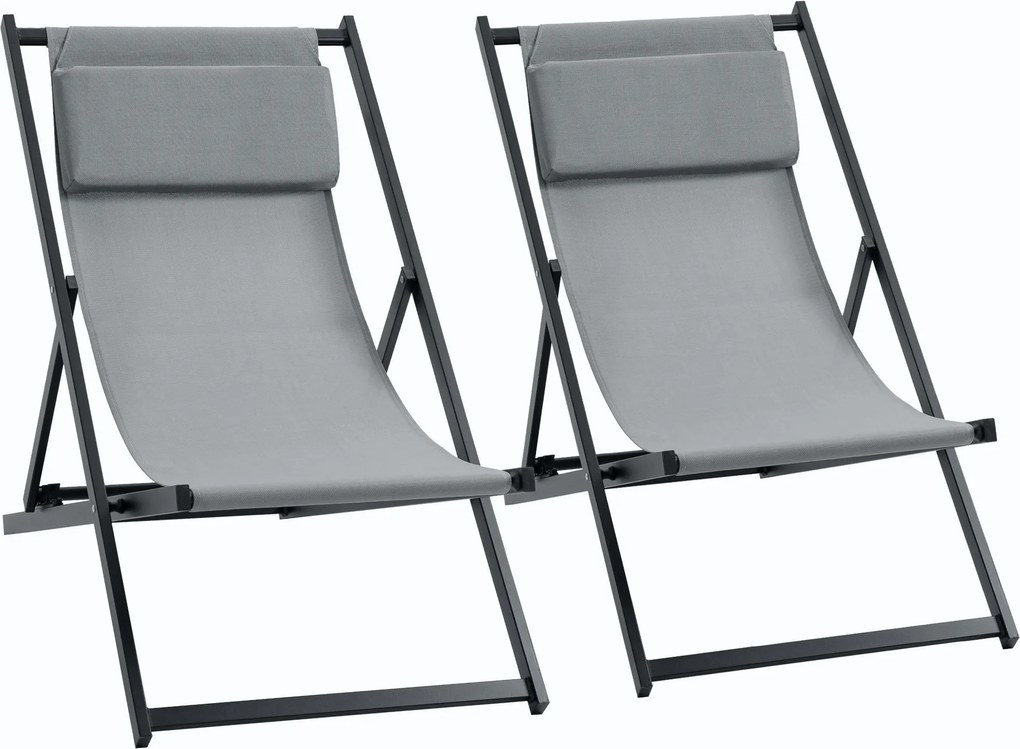 Outsunny Sada 2 skládacích hliníkových lehátek s nastavitelným opěradlem a podhlavníky na terasu, patio, venku 58x96,5x91,5 cm Tmavě šedá | Aosom