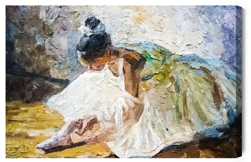 Obraz Little Girl, Ballerina In A Lush White Ballet Tutu, Tying Pointe Shoes In The Dance Class, Under Bright Daylight. The Background Is Created With Expressive Strokes. Oil Painting On Canvas. Nedostatek Nedostatek Přírodní plátno 100x70