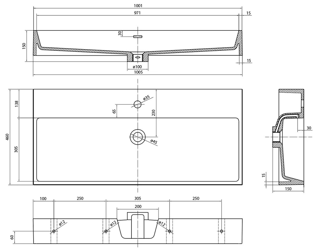 Sapho Sapho, AQUATIC umyvadlo, litý mramor, 100x46cm, bílá, AT100