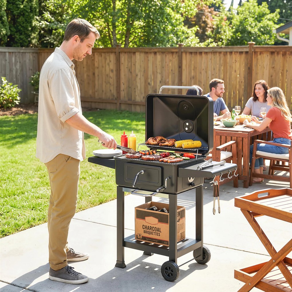 Outsunny Gril na dřevěné uhlí BBQ udírna s víkem Teploměr Výškově nastavitelná pánev na dřevěné uhlí Grilovací rošt Boční stolek Popelník