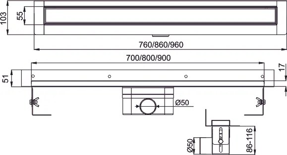 Mereo Mereo, Sprchový set: Lima, trojdílné, zasunovací, chrom ALU,, žlab ke stěně vč. roštu, CK80622KZ