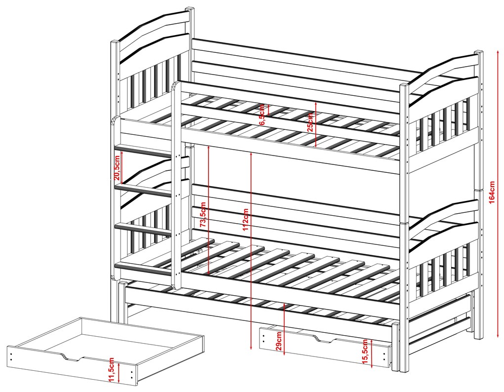 Dětská patrová postel z masivu borovice ALDA s přistýlkou a šuplíky - 200x90 cm - bílá