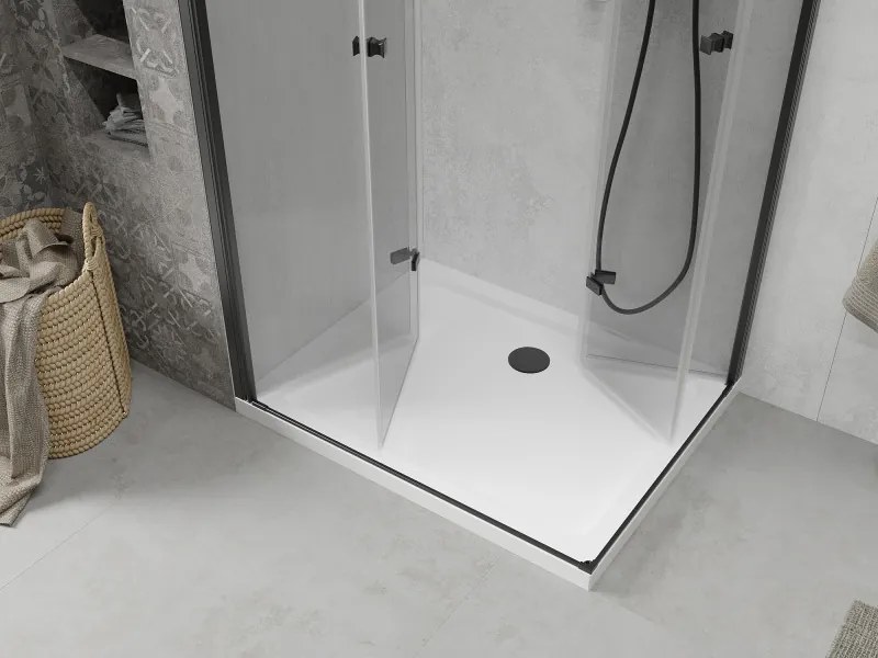 Mexen Lima Duo, sprchový kout s 2-křídlými skládacími dveřmi 90 (dveře) x 80 (dveře) cm, 6mm čiré sklo, černý profil + slim sprchová vanička 5cm bílá s černým sifonem, 856-090-080-70-02