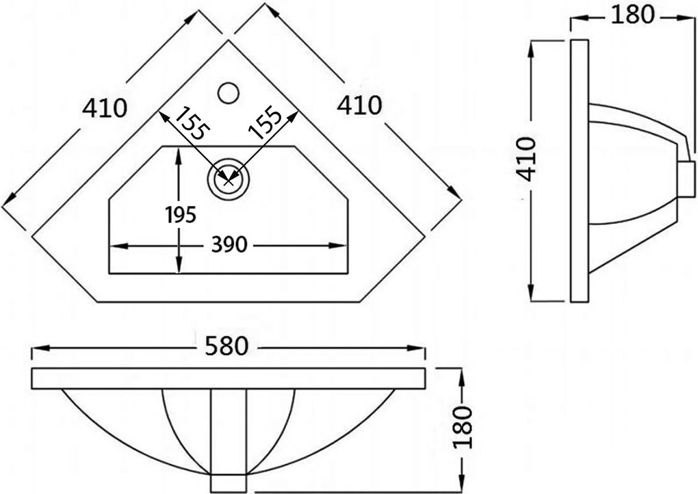 Aqualine keramické umyvadlo rohové 40 x 19 x 40 cm nábytkové bílá 1601-40