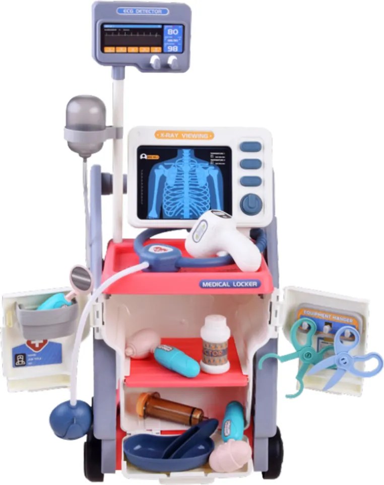 LEAN Toys Sada malého lékaře s vozíkem RTG a EKG, světla, růžová, 16 ks