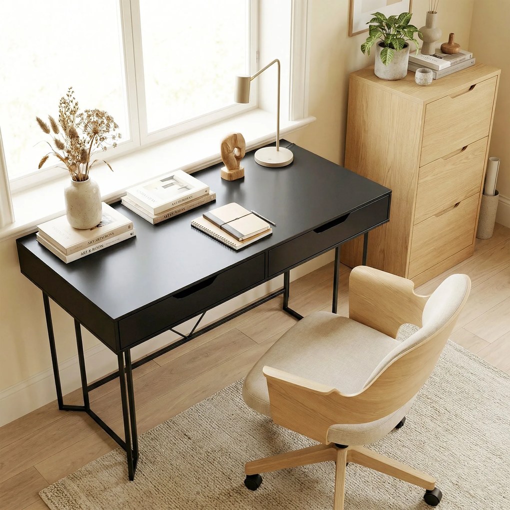 HOMCOM psací stůl s 2 zásuvkami, moderní design s kovovým rámem pro domácí kancelář a ložnici — 120 x 60 x 77 cm, černý