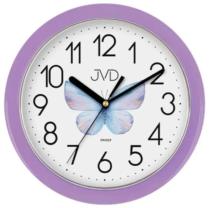 JVD Fialové dětské netikající tiché hodiny JVD HP612.D11 s motýlem