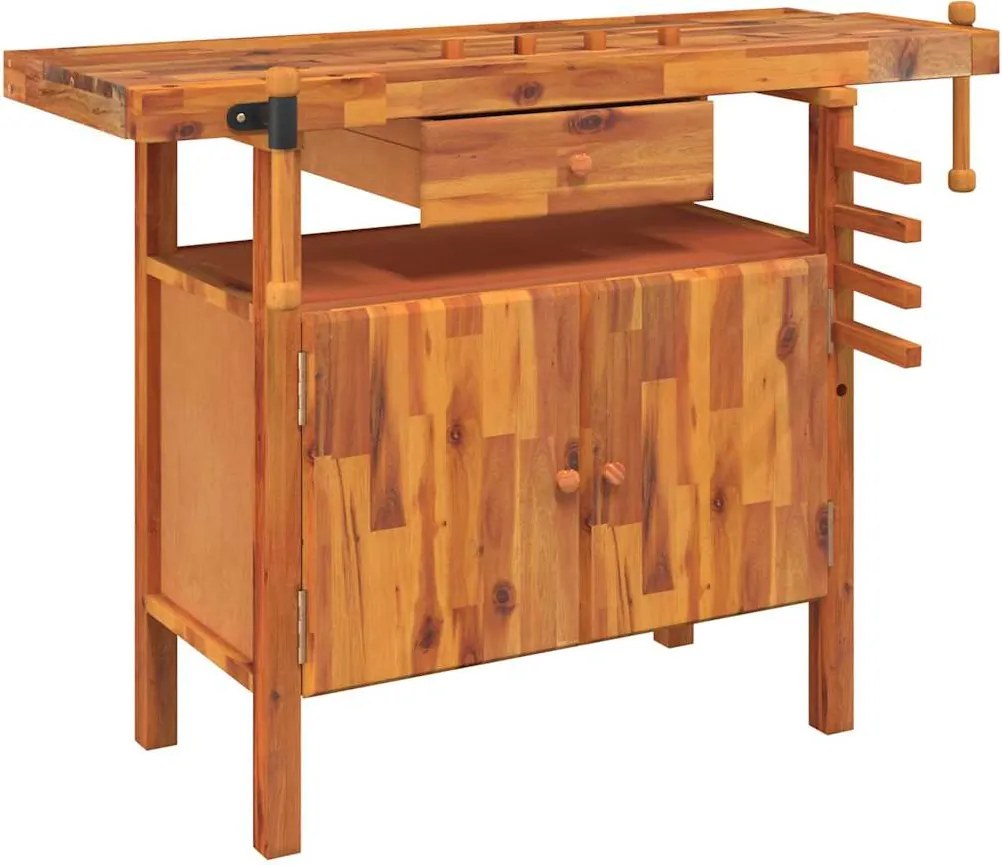 Pracovní stůl se zásuvkou a svěráky 124 x 52 x 83 cm masivní akácie 153321