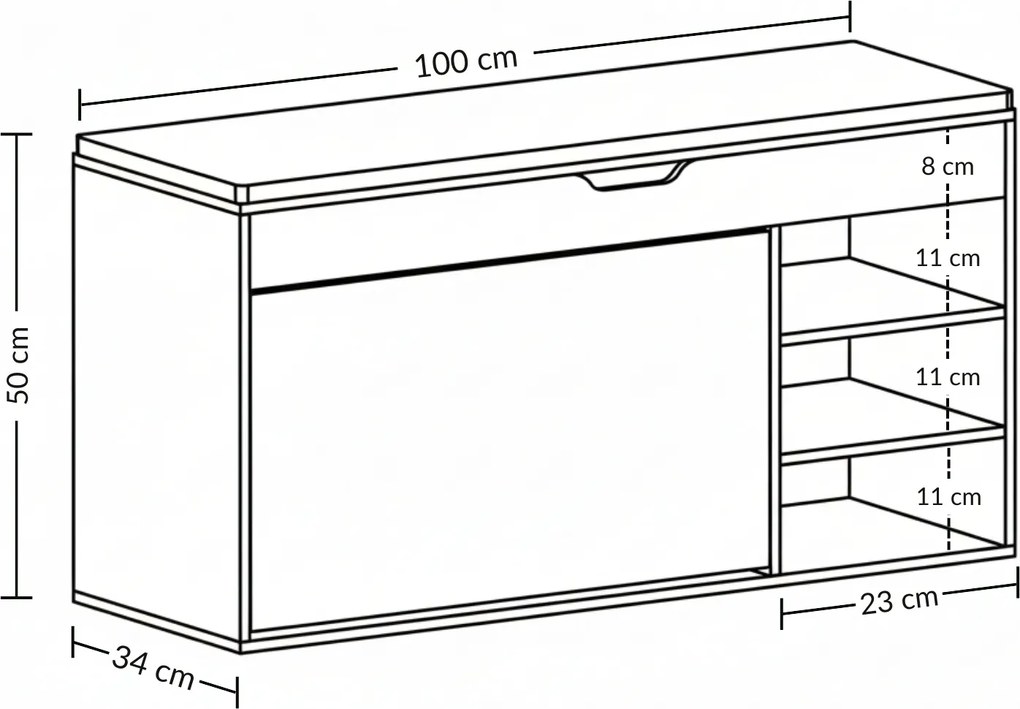 Botník černý se sedákem a výsuvnými policemi GRADIA, 100 x 34 x 50 cm - béžový