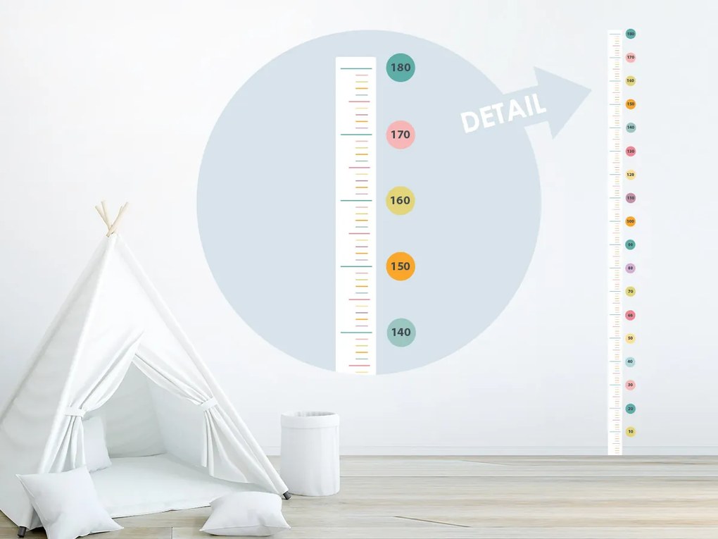 Pastelový dětský metr textilní přelepitelná samolepka na zeď výška 160 cm