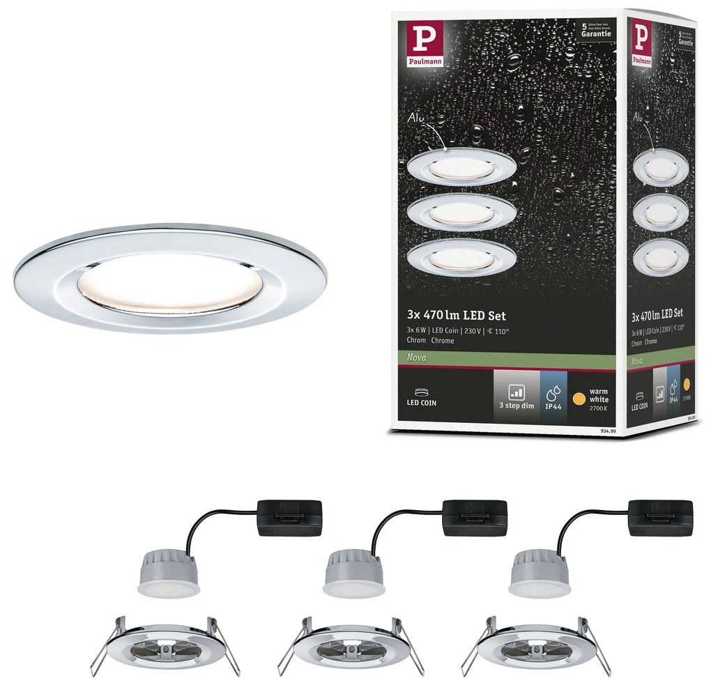 Paulmann 93499 LED Coin Nova round, set kulatých bodovek v chromové úpravě, LED 3x6,5W 2700K tříkrokové stmívání, prům. 7,8cm, IP44