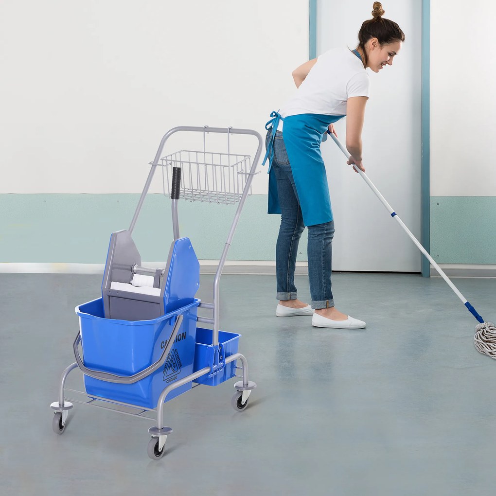 HOMCOM Úklidový vozík, vozík na mop, objem 25 l, 4 kolečka, plast, modrý