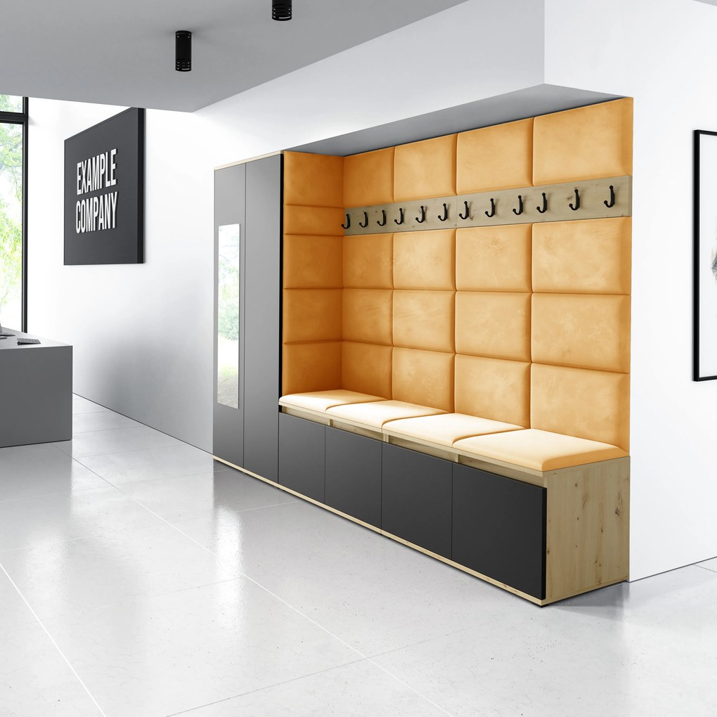 Eka Předsíňová stěna s čalouněnými panely Trinity 9 - Dub Artisan s černou / Hořčicová 2326
