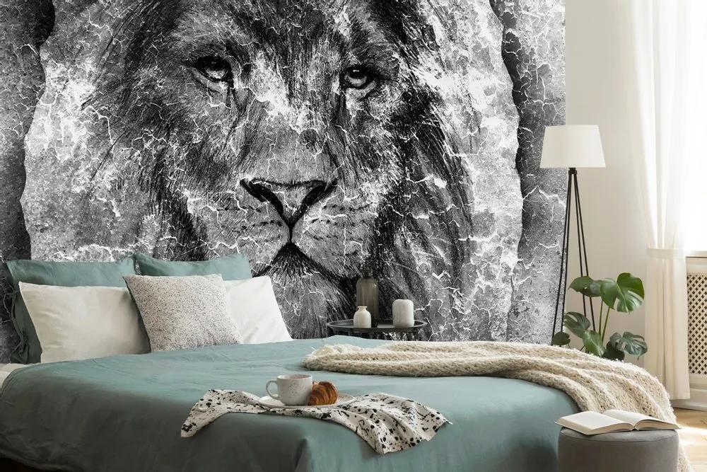 Samolepící tapeta tvář lva v černobílém provedení - 225x150 cm