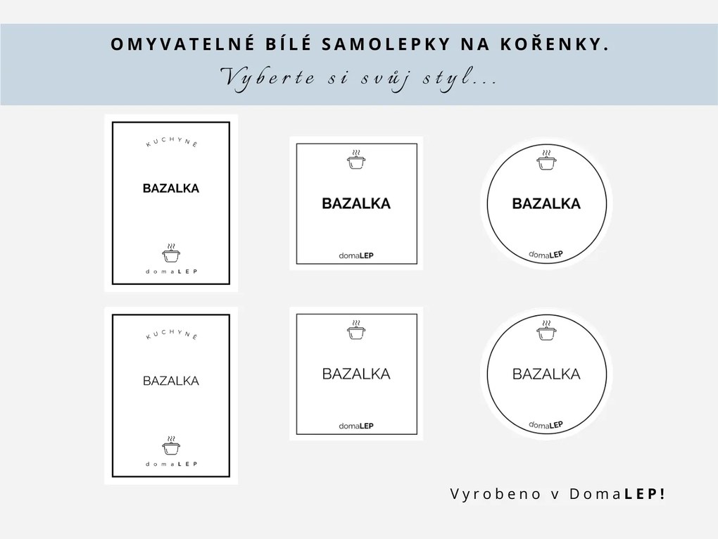 BAZALKA - omyvatelná samolepka na kořenky, výběr rozměrů Ø 5 cm / 5 x 5 cm / 6 x 8 cm | DomaLEP tvar: ČTVEREC, barva: BÍLÁ - ČERNÉ písmo, velikost: š. 5 cm x v. 5 cm - tučné písmo