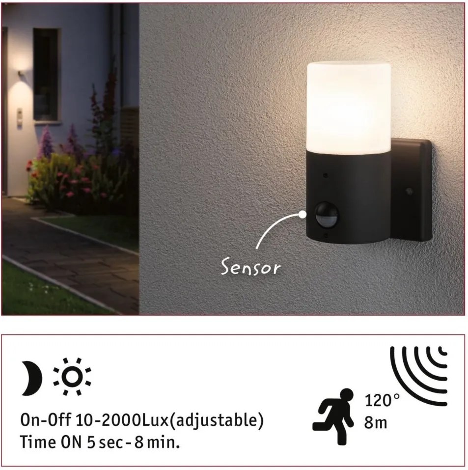 P 94648 Venkovní nástěnné svítidlo Tubs pohybové čidlo IP44 kruhové 105x130mm max. 15W 230V šedá mat kov/umělá hmota - PAULMANN
