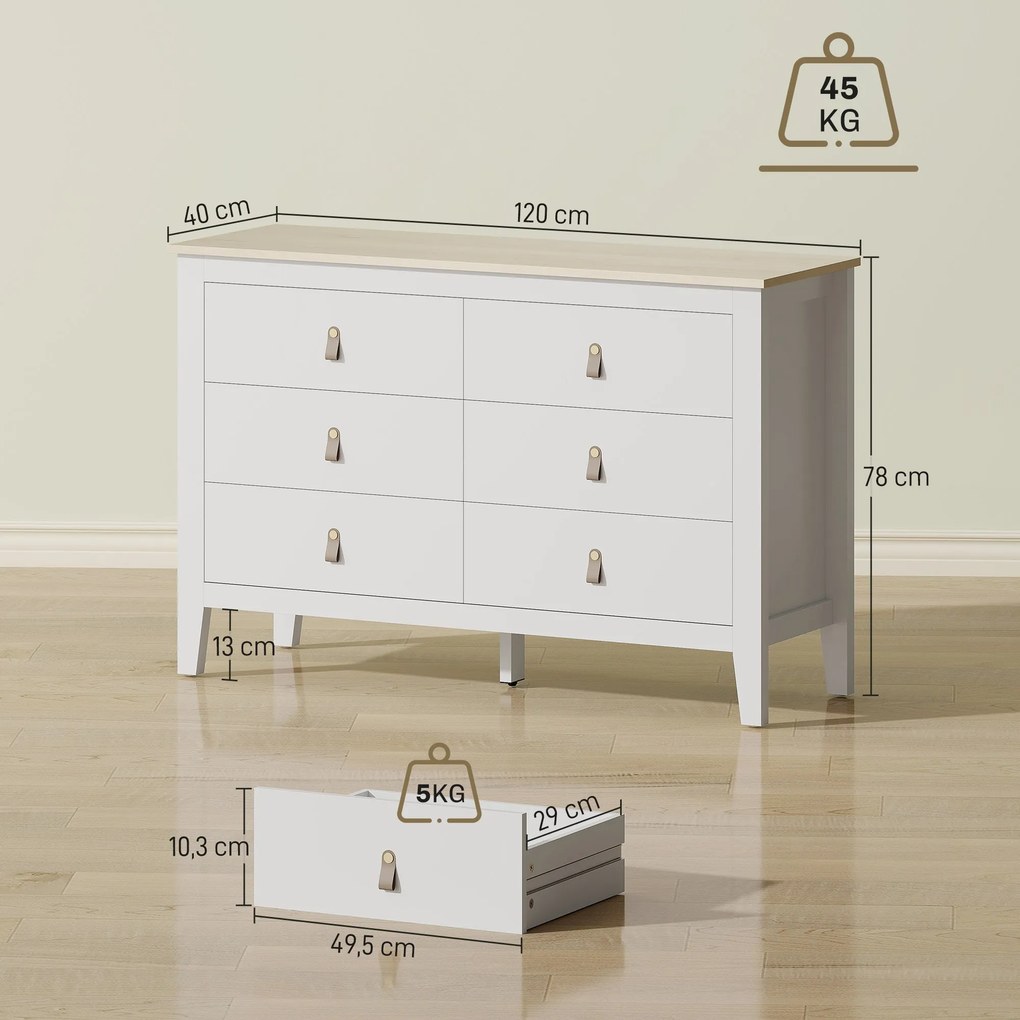 HOMCOM Komoda s 6 zásuvkami do ložnice s PU úchyty 120x40x78 cm Bílá