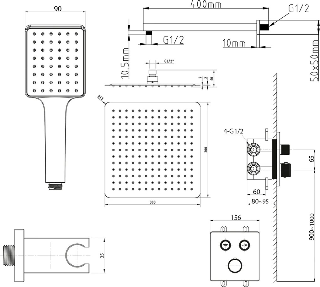 Sapho Sapho, SMART SELECT podomítková termostatická sprchová souprava, 2 výstupy, vystoupení, zlato mat, RP042GB-01