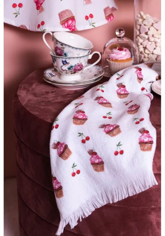 Bílý kuchyňský froté ručník s dortíčky Cherry Cupcake – 40x66 cm