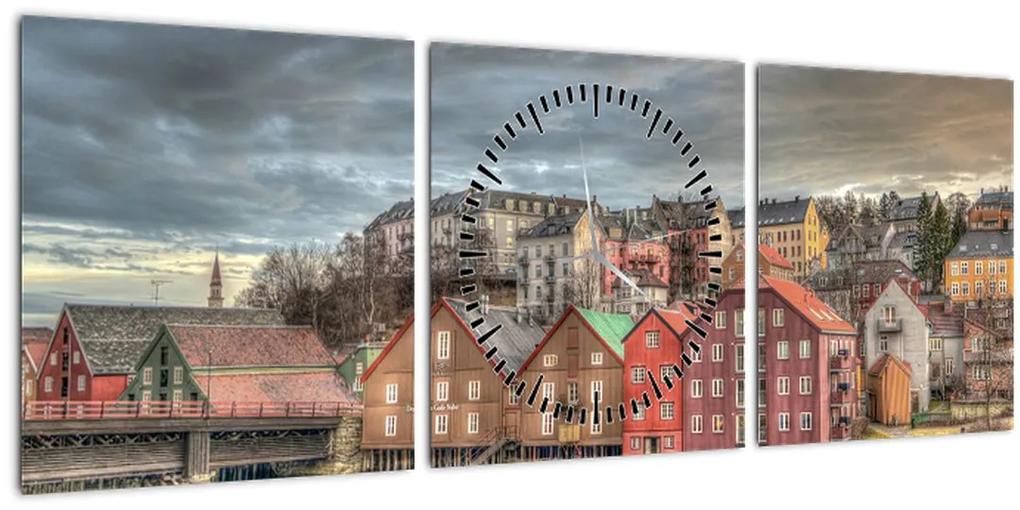 Obraz - Domy u řeky (s hodinami) (90x30 cm)
