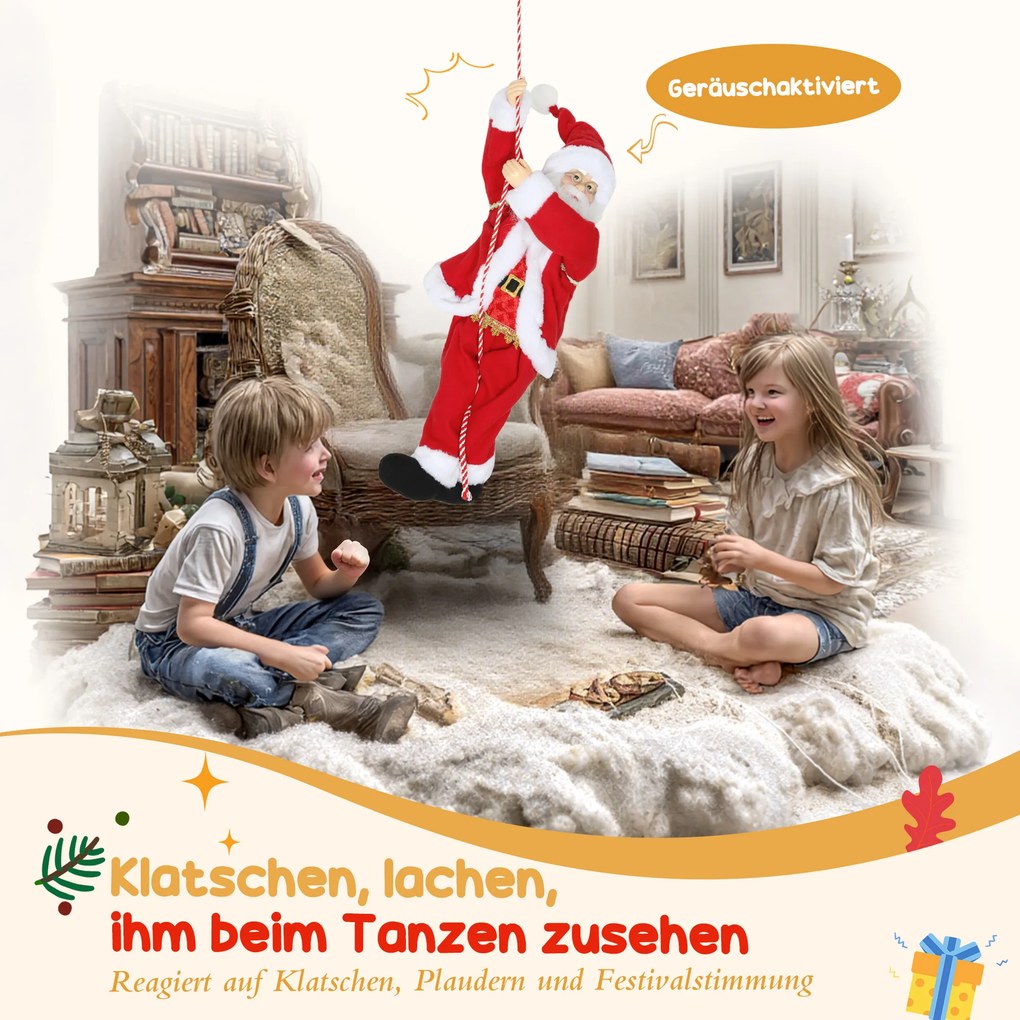HOMCOM Santa Claus 60 cm zpívající a lezoucí Santa Claus s dárkem, lanová zvuková funkce do interiéru, červený