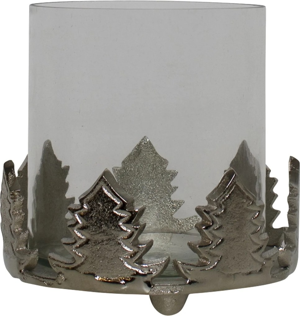 Skleněný svícen se stříbrnými dekoracemi borovic - Ø 15,5*15cm