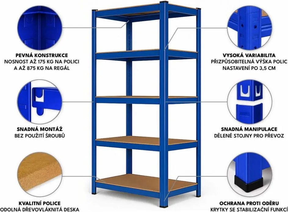 Akce 20x Regál 180x90x40 cm lakovaný 5-policový, nosnost 875 kg - modrý