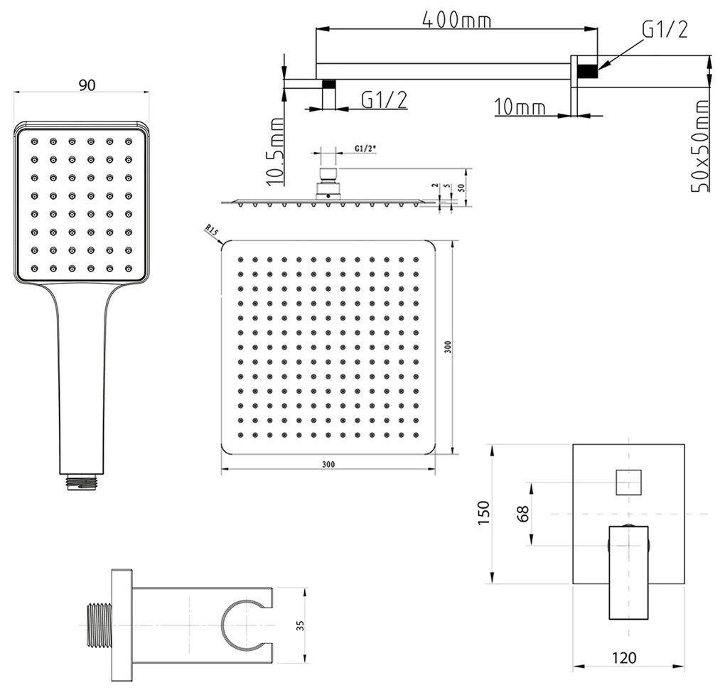 Sapho Sapho, CUBEMIX podomítkový sprchový set s pákovou baterií, 2 výstupy, vyústění, zlato mat, CM042GB-01