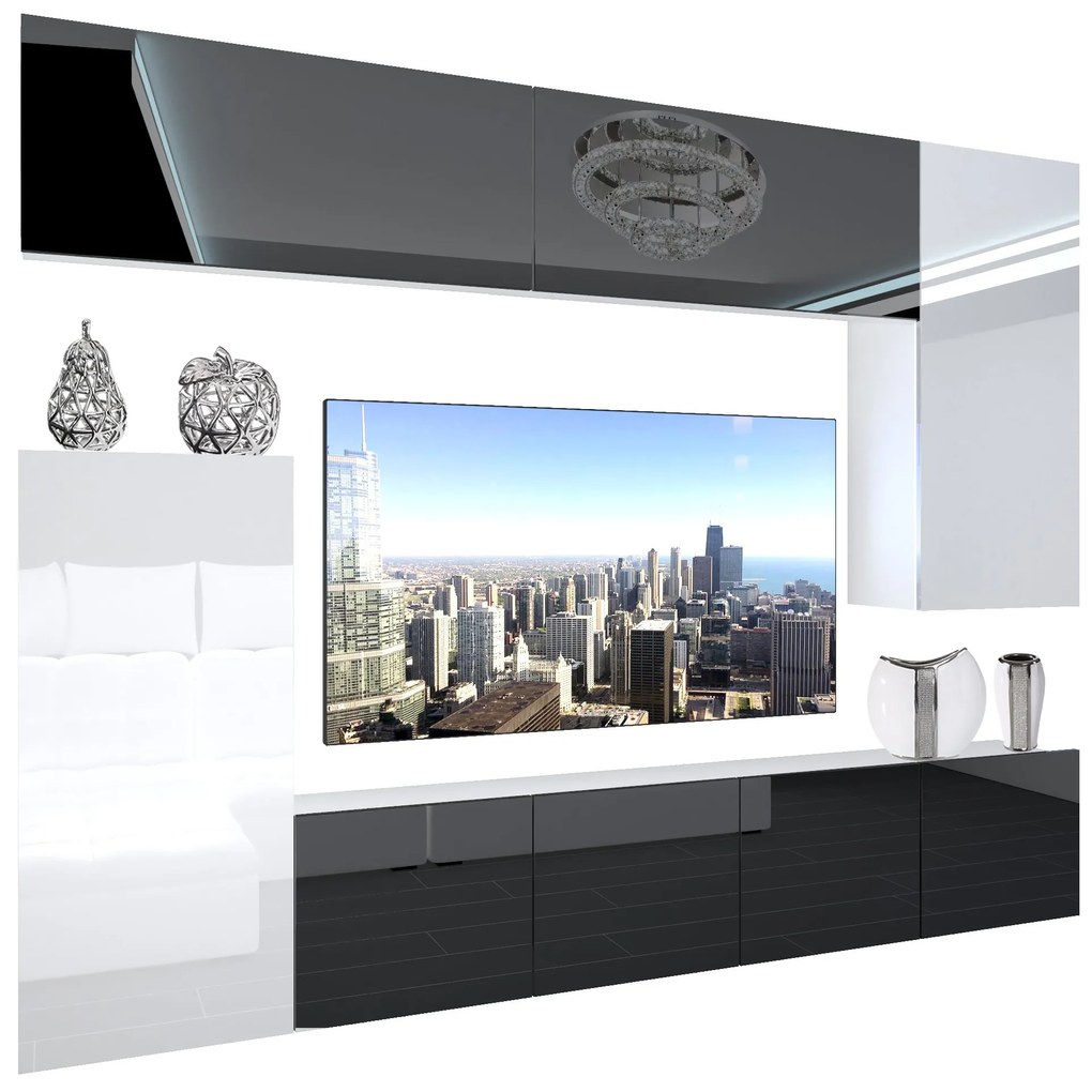Obývací stěna Belini Premium Full Version  černý lesk / bílý lesk + LED osvětlení Nexum 115